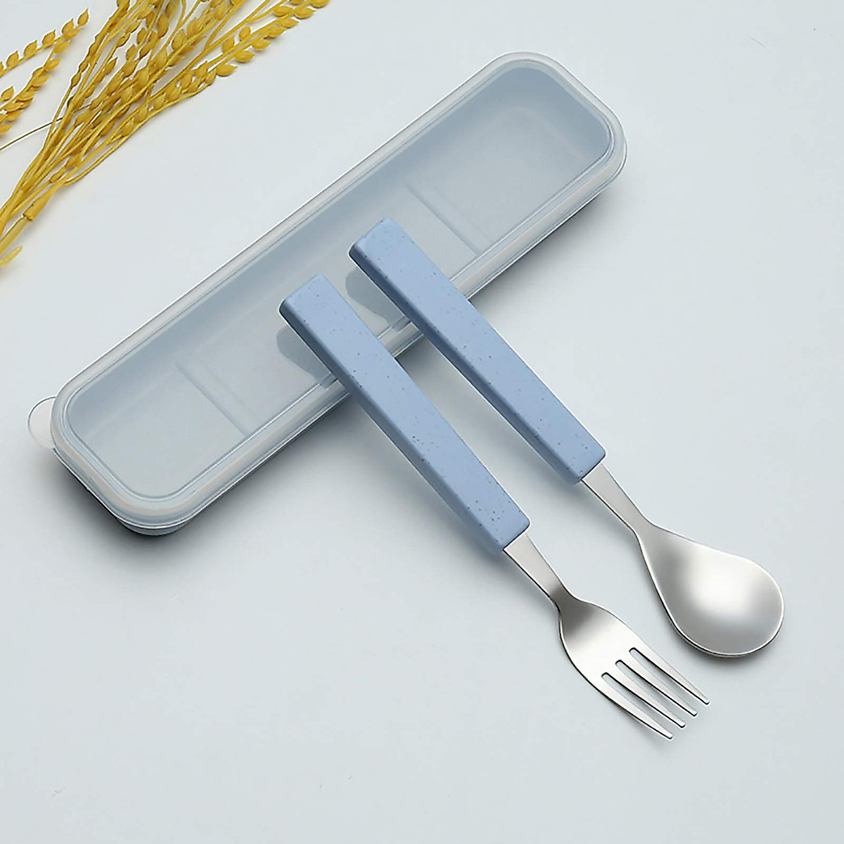 VANRA 2-Piece Children Flatware Set 18/10 Stainless Steel Child Tableware Set Silver Cutlery Set Silverware Dinner Utensils Spoon Fork Set with Travel Case for Kids (Chrome Finished) (Blue)