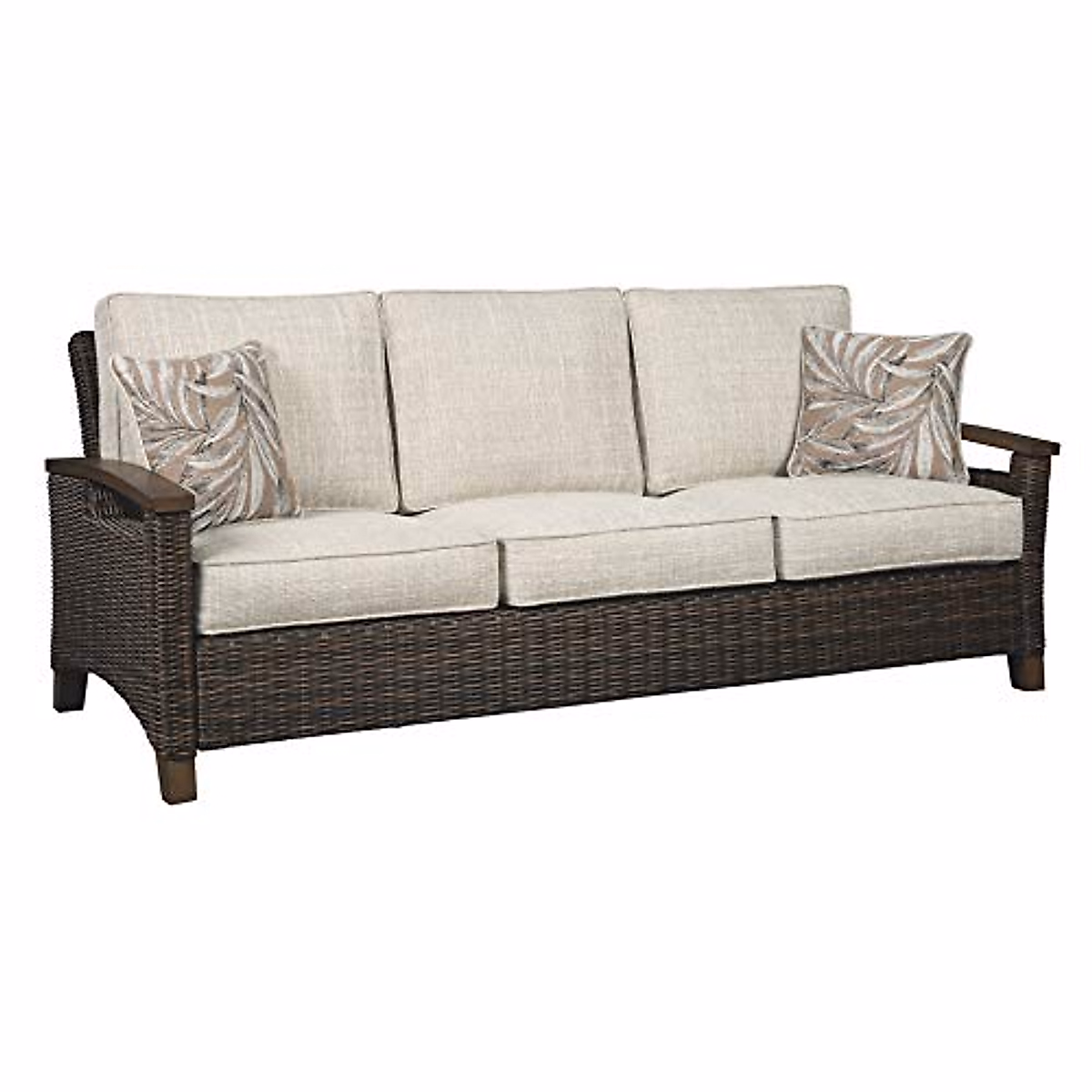 Signature Design by Ashley Paradise Trail Outdoor Patio Sofa with Cushion and 2 Pillows, Brown & Beige
