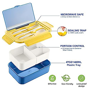 Landmore Bento Box Lunch Box for Kids Adults, 1100 ML Bento Lunch Box for Kids 3 Compartments with Utensils and Lunch Bag, Leakproof BPA Free(Blue)