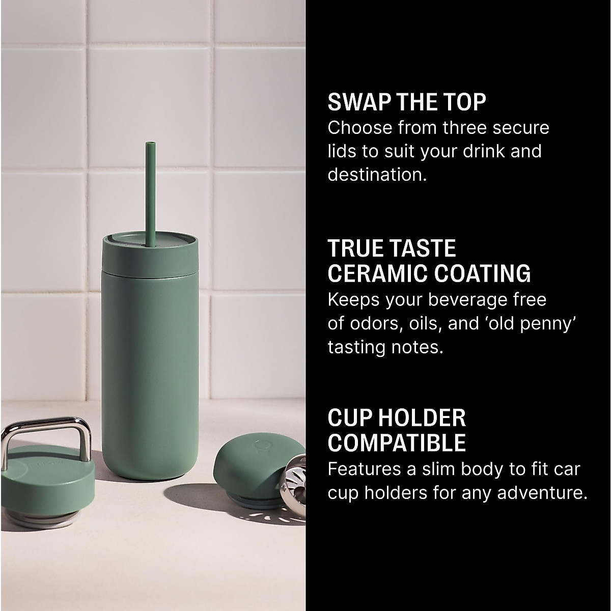 Fellow 16 oz Carter Bundle (3 in 1) Travel Mug with Carry Handle, Move & Cold Lids with Straw - To-Go Coffee Tumbler, Ceramic Interior & Vacuum-Insulated Stainless Steel - Coffee Cups-Smoke Green