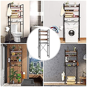 Devo Over The Toilet Storage, 4-Tier Bathroom Organizer, Wooden Bathroom Storage Shelf, with 8 Hooks and Toilet Paper Hook for Laundry, Balcony, Porch, Kitchen (Rustic Brown 2)