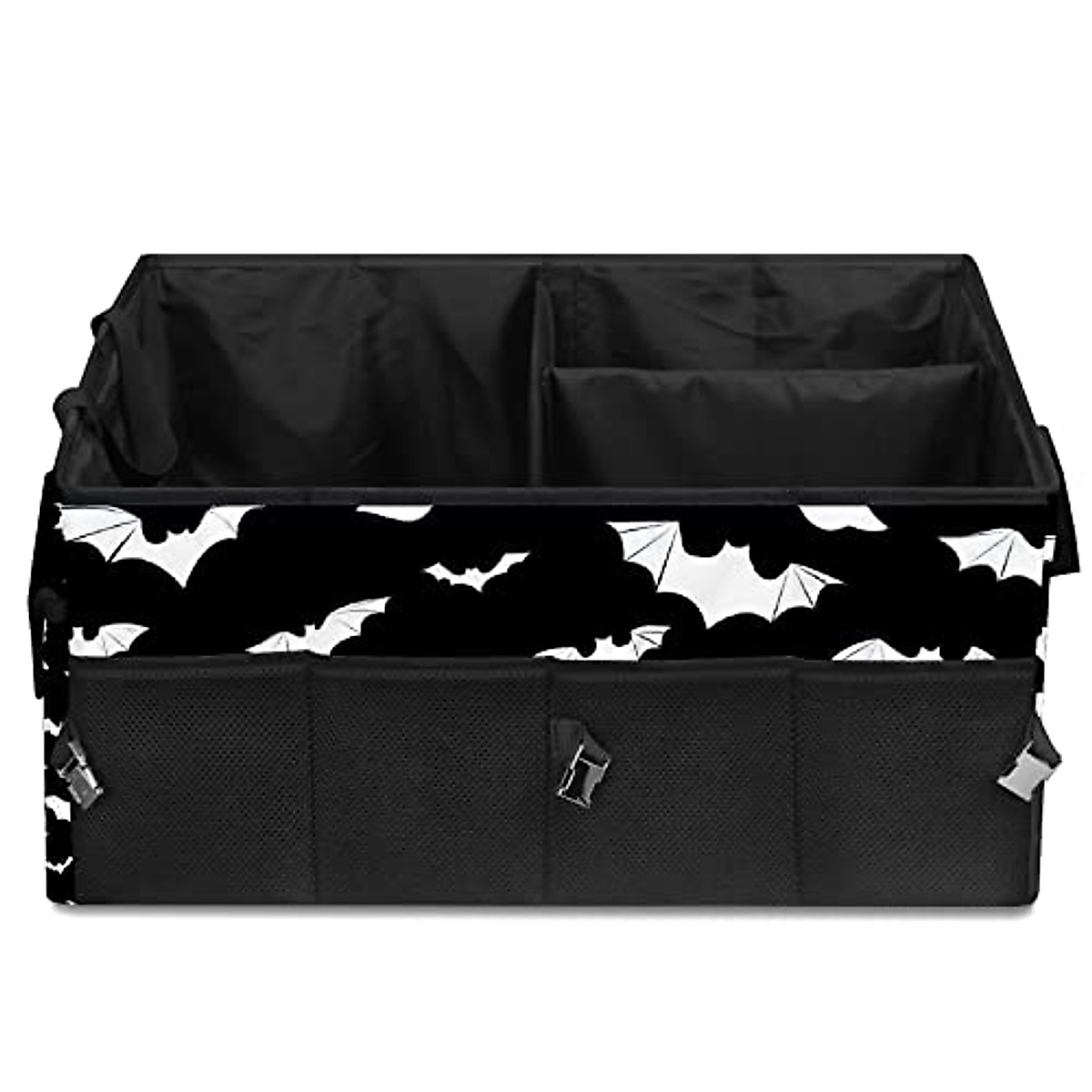 GACTIVITY Black And White Goth Bats Car Trunk Organizer,Collapsible Cargo Storage Tote Bag,Non Slip,3 Divider Compartments, Automotive Interior Accessories for Auto SUV Truck Vehicle Picnic Camping
