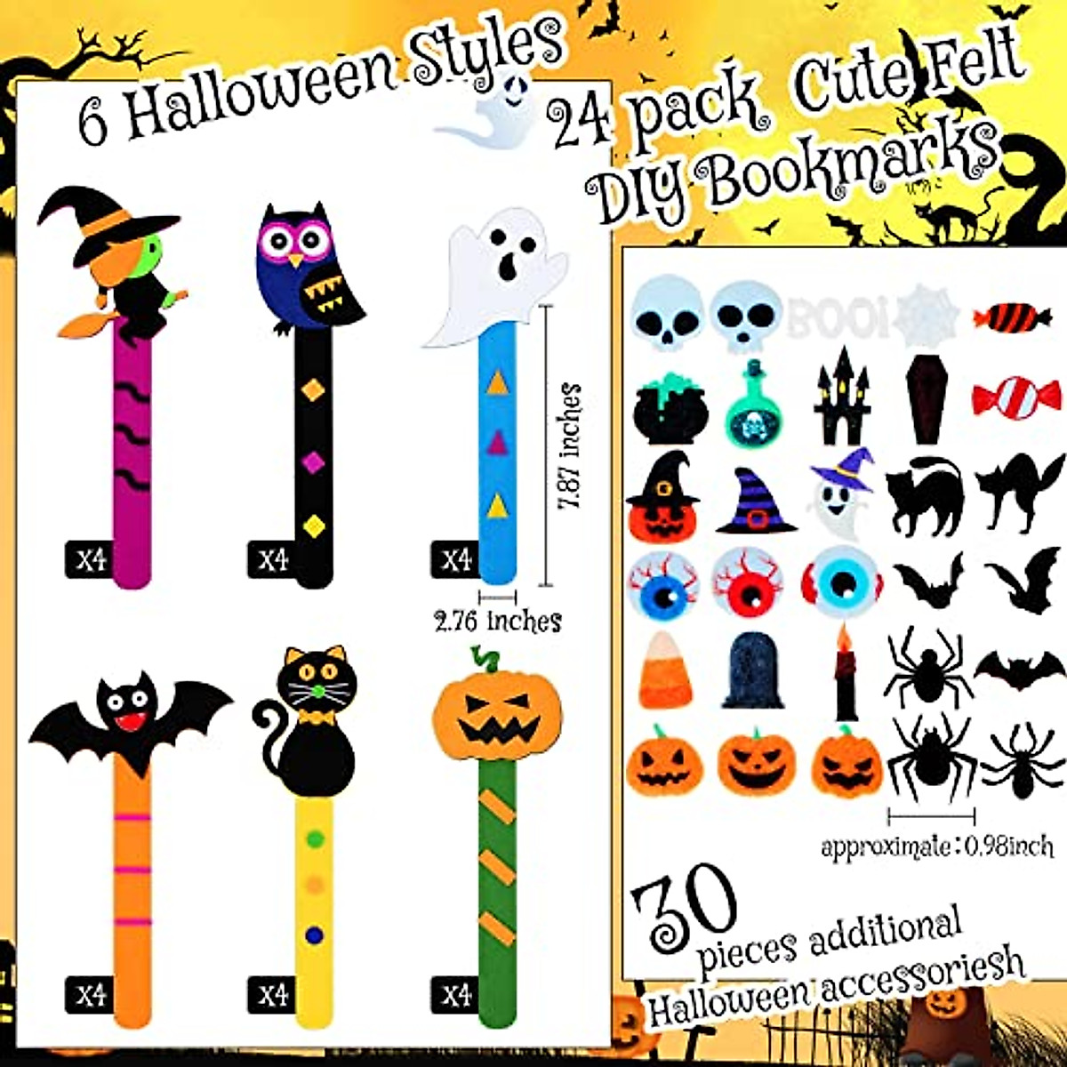 24 Pcs Halloween Bookmark Crafts for Kids Bulk Craft Kit Halloween Bookmarks Pumpkin Witch Owl Bat Ghost Cat for Boys Girls Classroom Rewards Holiday Halloween Party Supplies Trick or Treat Prizes