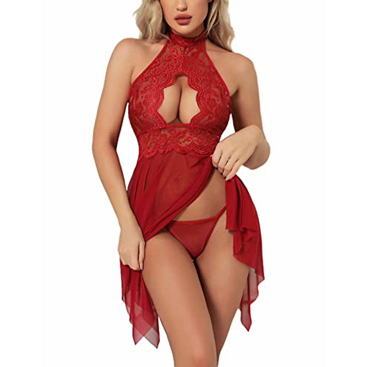 Dewinya Womens Sexy Lace Keyhole Front Babydoll Lingerie Halter Chemise Sleepwear Mesh Mini Slip Dress Large Wine Red