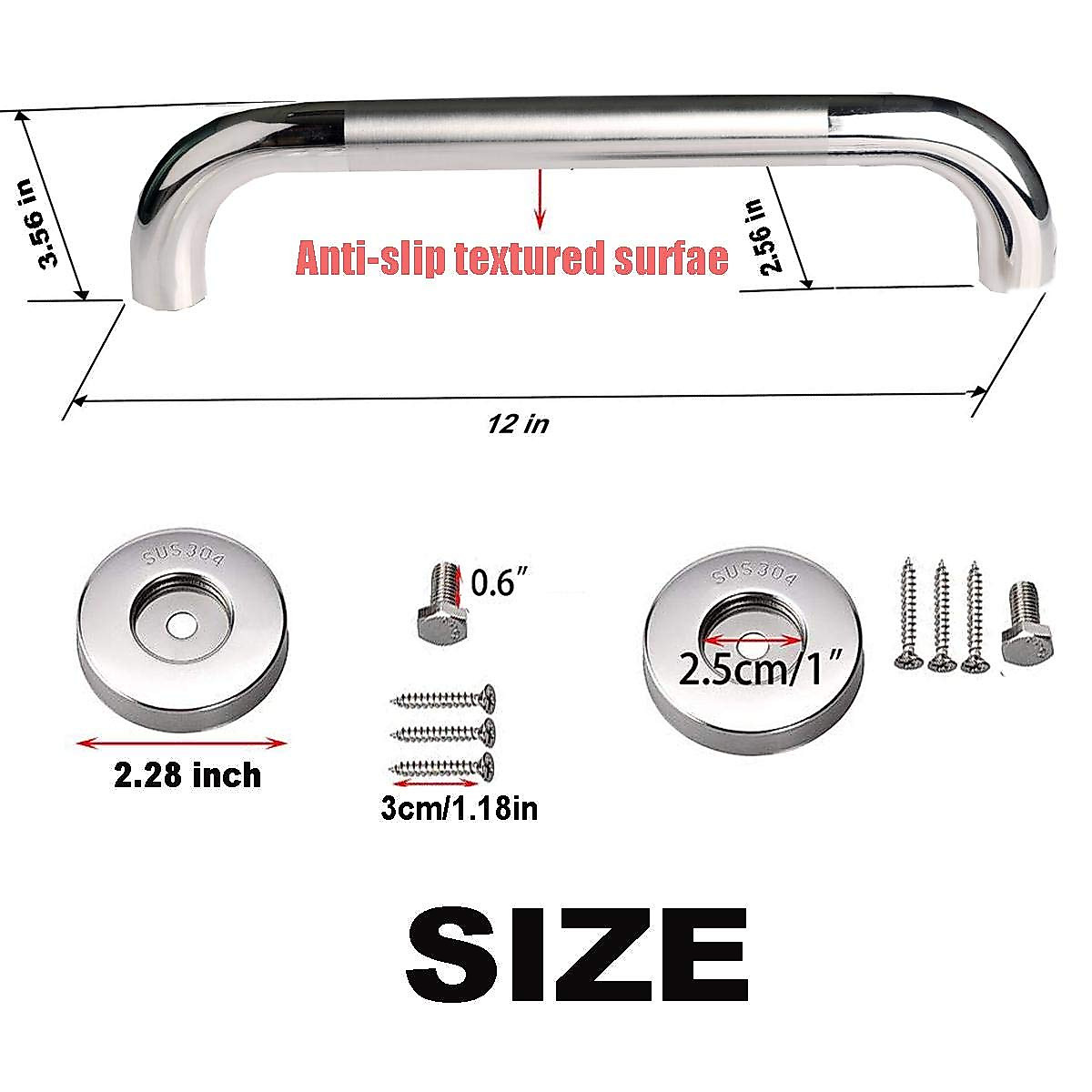 12 Inch Stainless Steel Chrome Shower Grab Bar, ZUEXT Bathroom Balance Bar, Safety Hand Rail Support, Handicap Elderly Injury Senior Bath Assist Handle