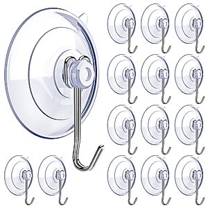 DSMY Suction Cup Hooks 15 Pack, 1.77 Inches Clear Suction Cup Hooks for Glass Window Decor Shower Bathroom, Small Reusable PVC Suction Cups with Removable Stainless Hooks