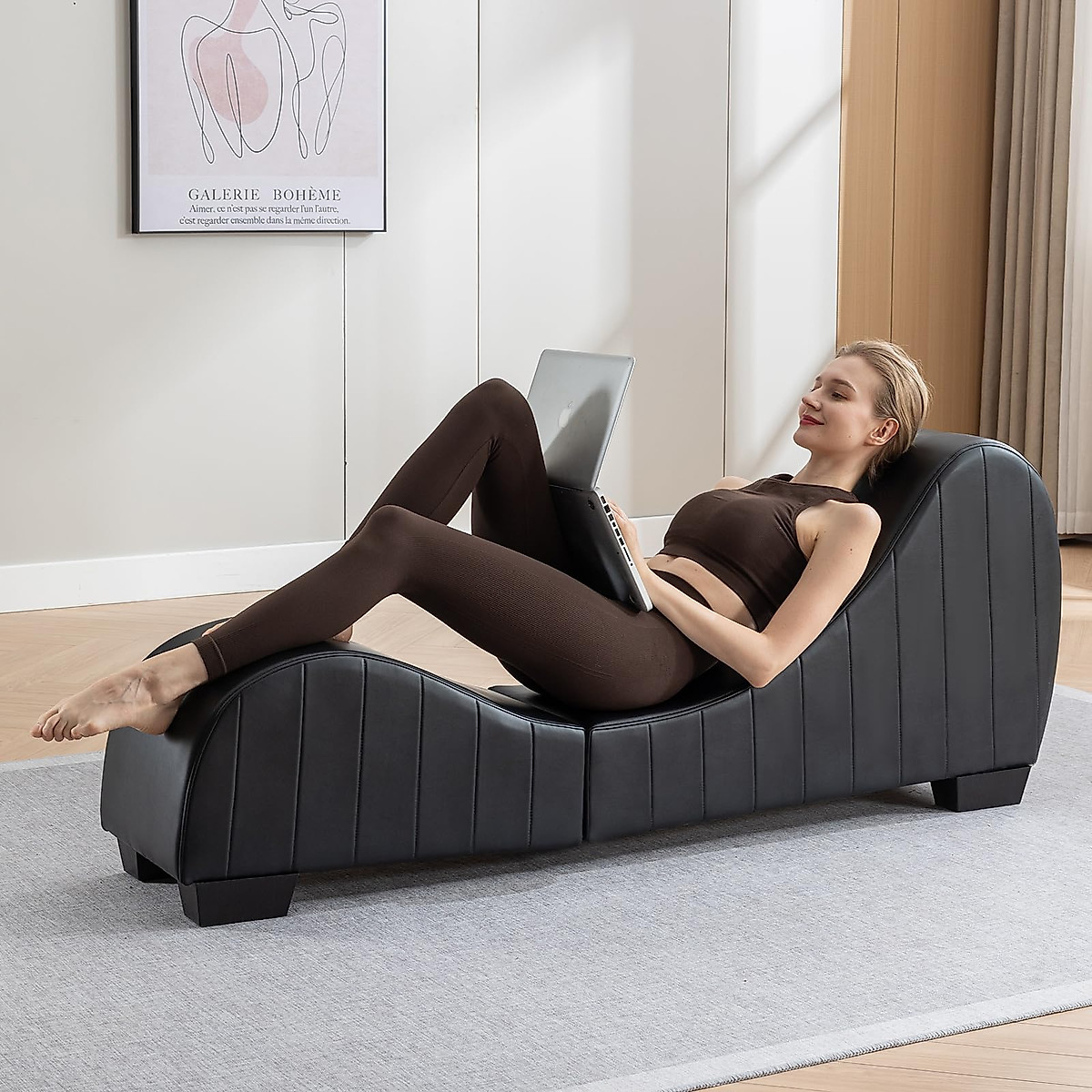 Purgreen Deluxe Faux Leather Yoga Chaise Lounge - Ultimate Comfort & Stylish Design for Relaxation, Exercise & Stretch, Sleek Chaise Lounge for Yoga 63D x 13W x 26H Inch Designed for Indoor (Black)