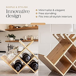 REHAU Wood Wine Racks Countertop with Glass Holder (4) – Sturdy Bamboo Wine Rack, 3 Wine Bottle Holder – Small Wine Holder Stand, Wooden Wine Rack Countertop – Small Wine Rack with Glass