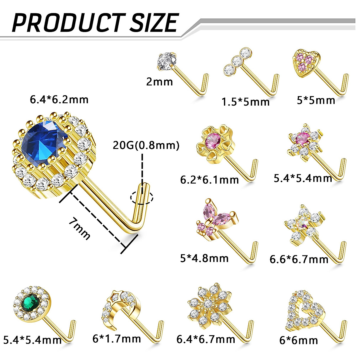 JeryWe 12Pcs Nose Studs 20g Nose Stud L Shaped Diamond CZ Nose Rings Stud for Women Surgical Steel Nose Rings Nose Screw Nose Piercing Stud Butterfly Heart Flower Nostril Jewelry Silver Rose Gold