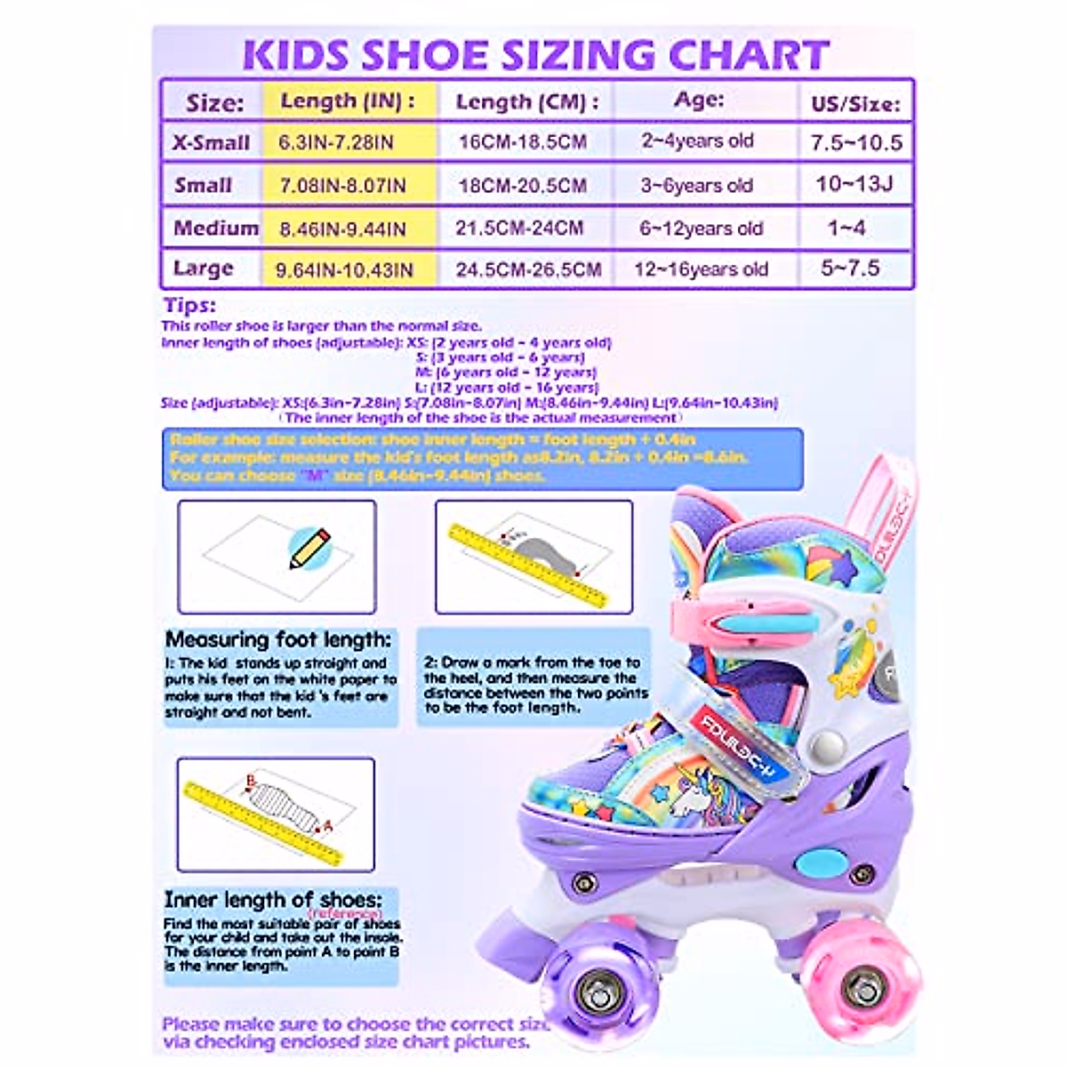 Rainbow Unicorn Kids Roller Skates for Girls Boys Toddler Ages 3-6,4-Pejiijar Adjustable Roller Shoes with Luminous Wheels for Birthday Xmas Gifts.