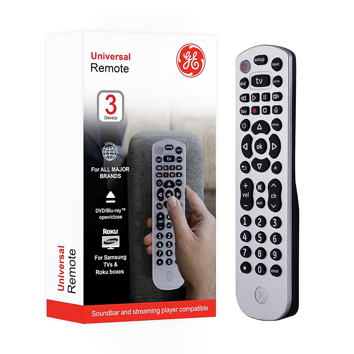 GE Universal Remote Control for Samsung, Vizio, Lg, Sony, Sharp, Roku, Apple TV, TLC, Panasonic, Smart TVs, Streaming Players, Blu-Ray, DVD, 3-Device, Silver, 34928