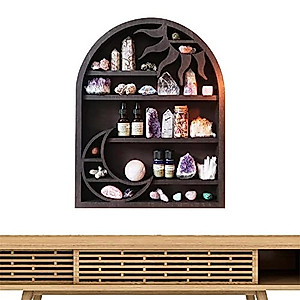 Crystal Shelf Display Crescent Moon Rack Witchy Crystal Holder for Stones Essential Oils Essentials Shelves Wall Decor Rustic Wooden Display Boho Meditation Home Decor (Model1-House)