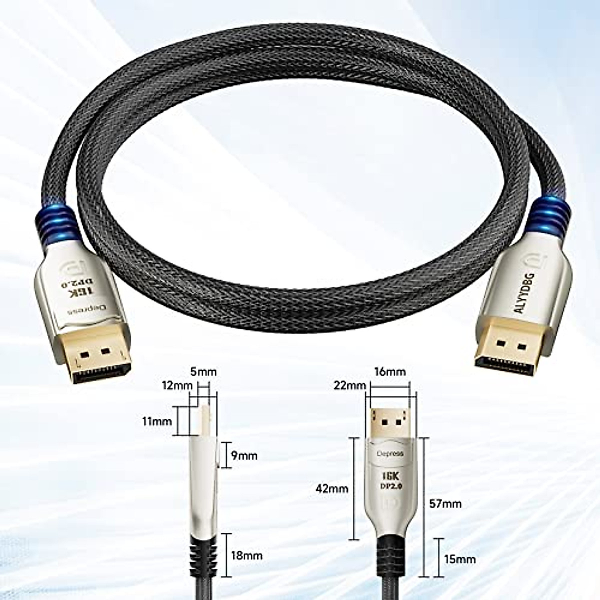 ALYYDBG Displayport 2.0 Cable 6FT, Gold Plated 16K Displayport Cable 2.0 Supports 80Gbps, 16K@60Hz, 8K@120Hz, 4K@165Hz, FreeSync G-Sync for DP Port TV, Monitor, Laptop, Graphic Cards