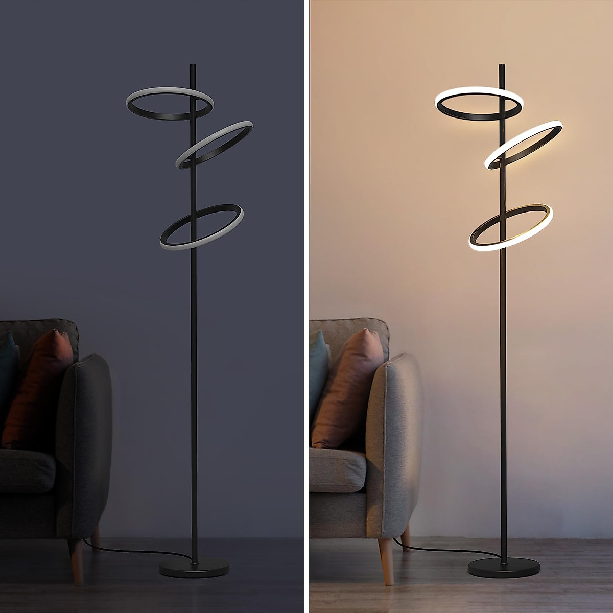 Alldio Annular Floor Lamp, Bright 30W LED Floor Lamps for Living Room, Modern Saturn Ring Tall Lamp, Standing Lamp with 3 LED Lights for Bedroom Reading- Black