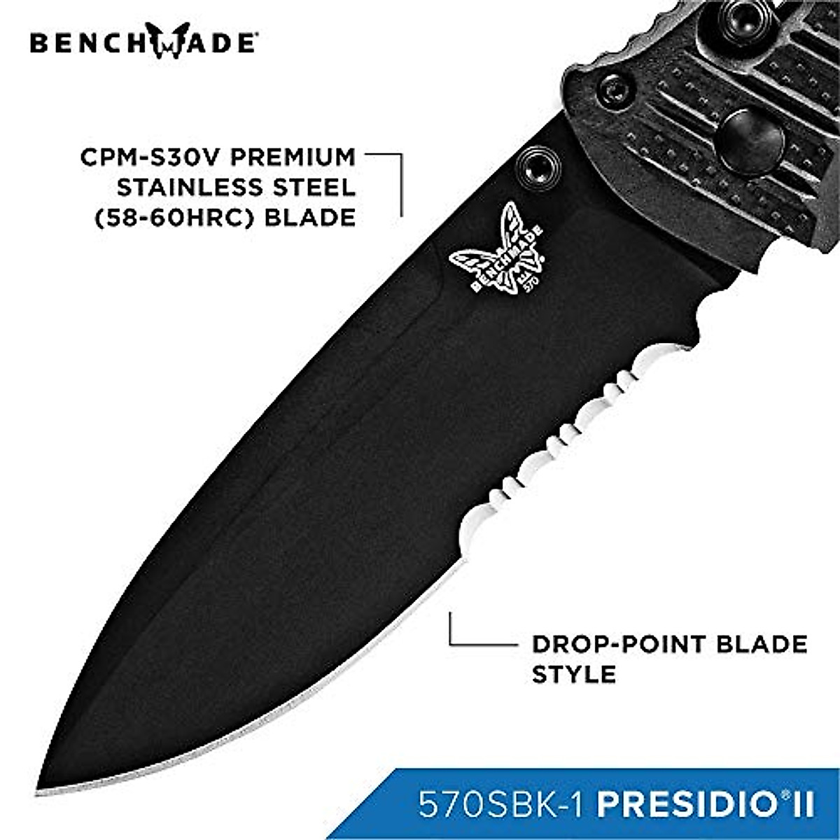 Benchmade 570SBK-1 Presidio II, Coated Finish, Serrated Edge, Drop Point Blade Knife, Made in the USA