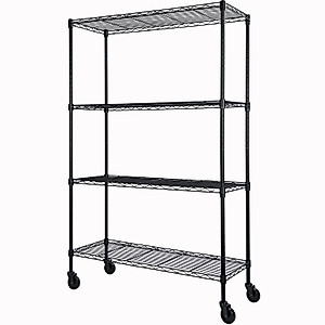 4-Shelf Adjustable Heavy Duty Storage Shelving Unit on 4 Wheel Casters, Metal Organizer Wire Rack for Laundry Bathroom Kitchen Pantry Closet, Black