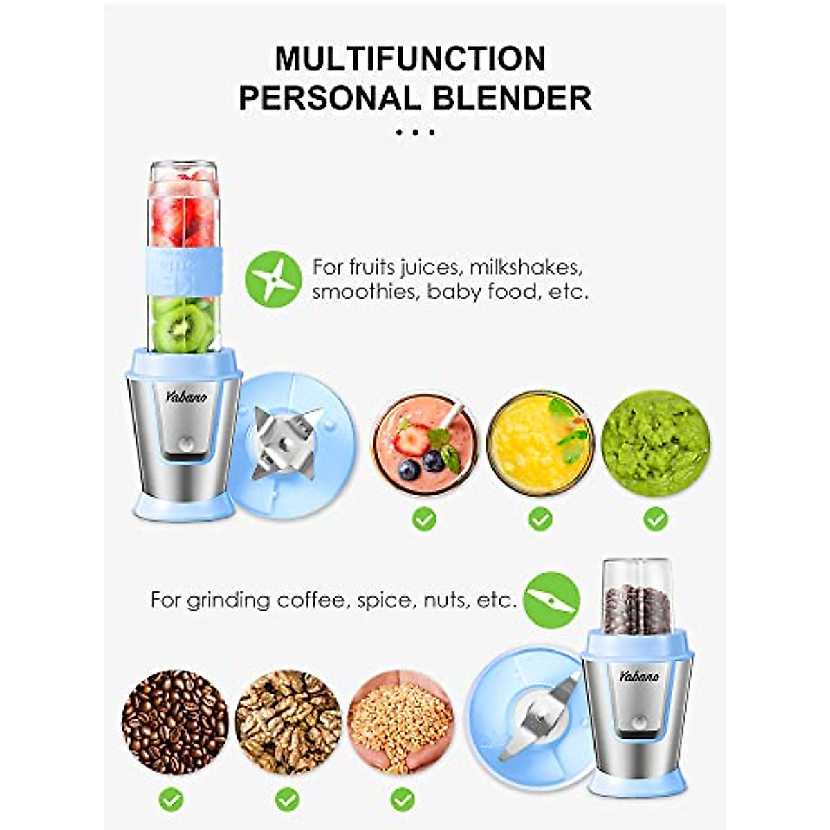 Personal Blender with 2 x 20oz Travel Bottle and Coffee/Spices Jar, Portable Smoothie Blender and Coffee Grinder in One, 500W Single Serve Blender for Shakes and Smoothies, BPA free, by Yabano (Blue)