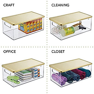 mDesign Plastic Kitchen Storage Bin - Stackable Fridge, Pantry Cabinet, Freezer Organizer - Food Storage Bin Box w/Handles, Steel Lid - 15" Long - Ligne Collection - 2 Pack - Clear/Soft Brass