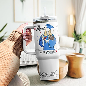99OWL Graduation Girl Adventure, Tumbler 40 Oz With Handle Lid And Straw, Graduation Gifts, White Light Class Of Purple Handle Gold Tumblers Royal Navy Rose Blue Heart
