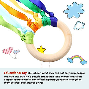 12 Pcs Rainbow Ribbon Wooden Waldorf Toys Creative Waldorf Hand Kite Set Streamers with Wood Ring Sensory Learning Educational Toy for Playroom Dancing Birthday (Bright)