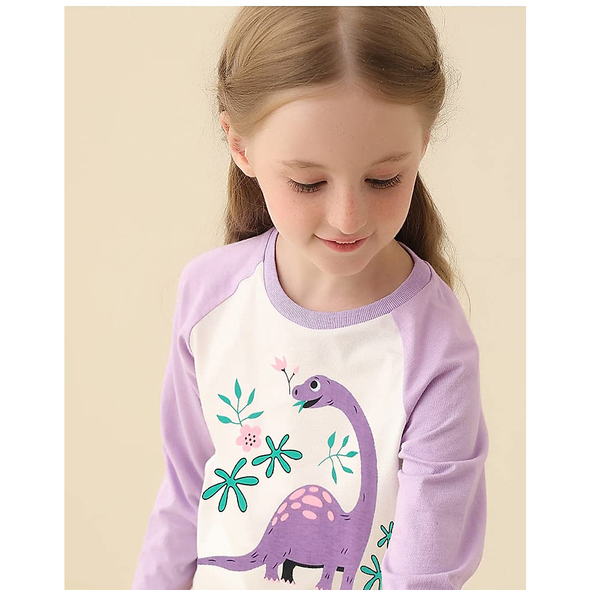 Little Hand Kids & Toddler Girls Dinosaur Pajamas 2 Piece Pjs Set 100% Cotton Long Sleeve Purple Sleepwear 4T