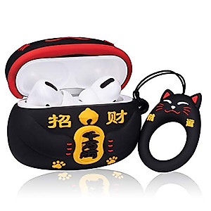 Coralogo Case for Airpods Pro 2019/Pro 2 Gen 2022 Cute,3D Animal Character Silicone Cartoon Airpod Skin Funny Fun Cool Keychain Design Kids Teens Girls Boys Cover Cases Air pods Pro (Black Lucky Cat)