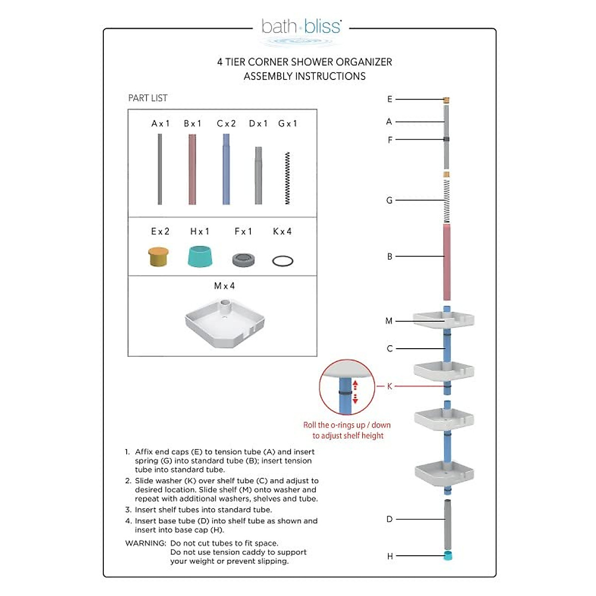 Bath Bliss 4 Tier Shelf Tension Adjustable Corner Storage Organizer Bathroom in Matte White Shower Caddy