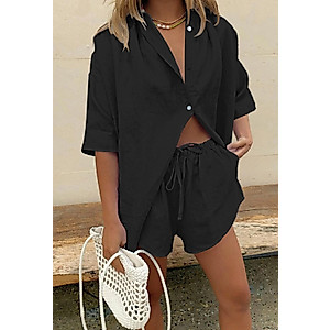 Fixmatti Two Piece Outfits for Women Short Sleeve Collar Button Shirt Top Loose Shorts Set Casual Tracksuit Streetwear Black L