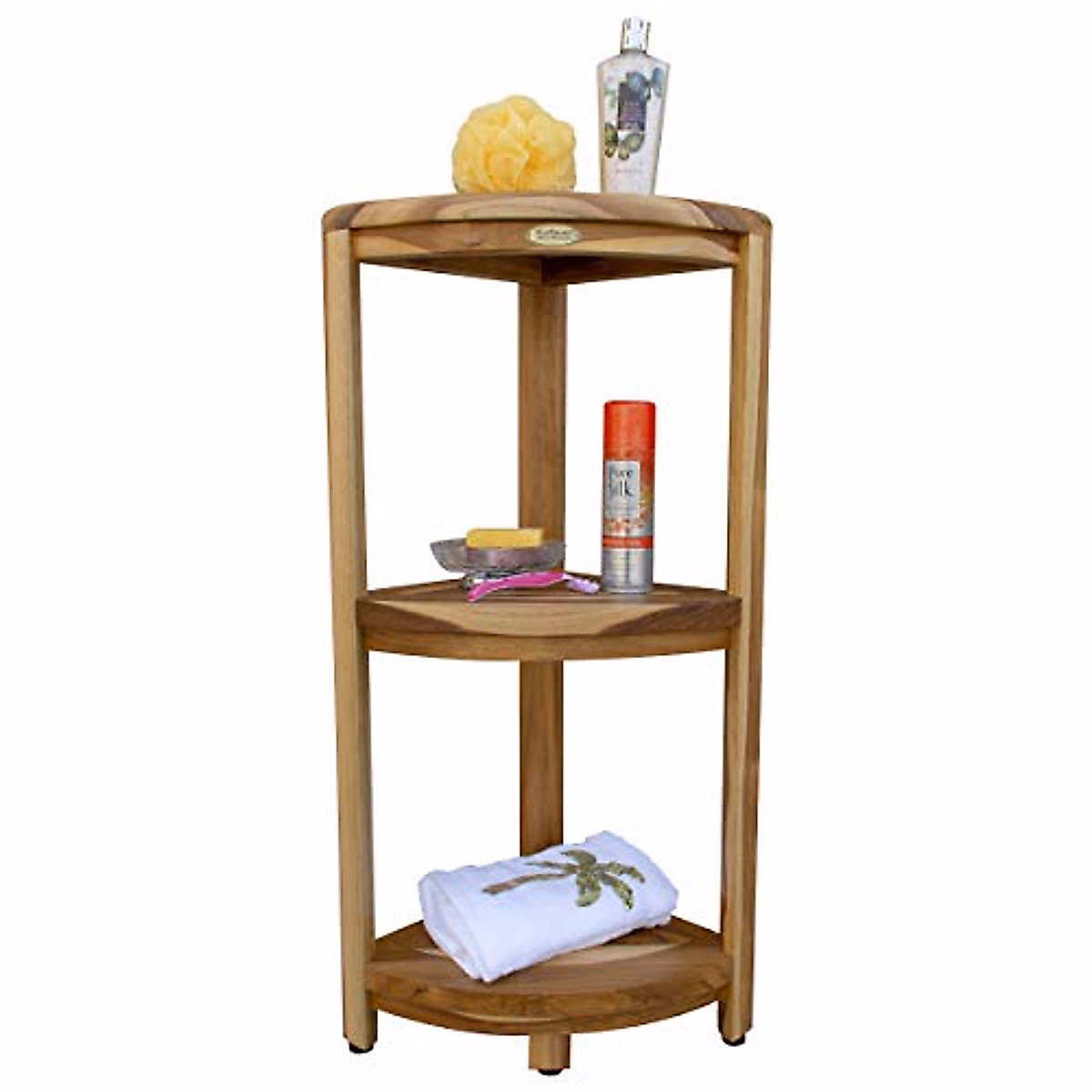 EcoDecors Snazzy Corner Teak Shower Corner Shelf 33" Radius 18” Tall Natural Wood Corner Shower Seat Spa Bench with Shelf Corner Stool for Shower in Earthy Teak Finish