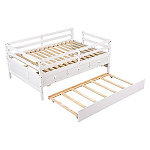 ODC Low Loft Bed with Trundle Bed and 3 Storage Drawers, Multifunctional Full Size Loft Bed with Climbing Ladder, Solid Wood Bed Frame with Full Safety Fence for Kids Boys Girls