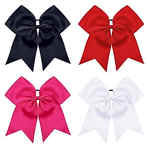 TUUXI 4pcs Large Cheer Hair Bows 8 Inch Grosgrain Ribbon Elastic Bands Ties Ponytail Holder for School College Sports Cheerleading Cheerleaders Bows Black Red Pink White