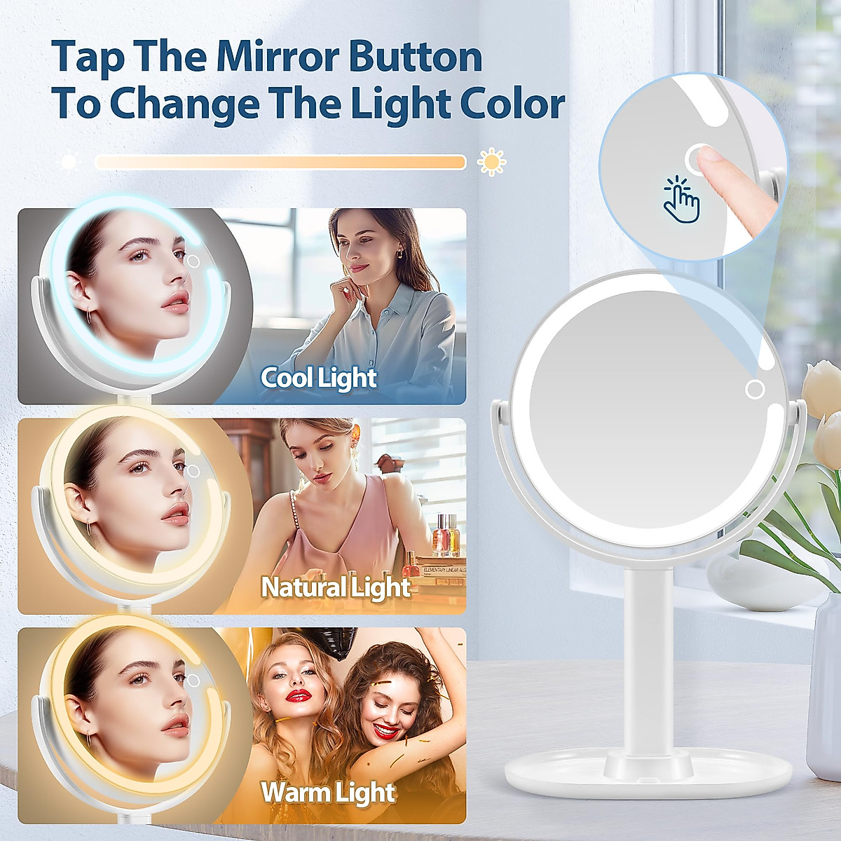 MIYADIVA Rechargeable 20X Magnifying Mirror with Light, Lighted Makeup Mirror with 20X/1X Magnification, 3 Colors Light and Adjustable Brightness, Double Sided Vanity Mirror with Light for Bedroom