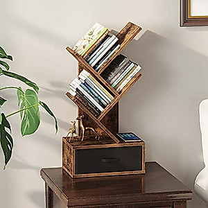 Rolanstar Bookshelf with Drawer, 9-Tier Tree Bookshelf, Wooden Bookshelves Storage Rack for CDs/Movies/Books, Rustic Brown Bookcase, Utility Organizer Shelves for Living Room, Bedroom, Home Office