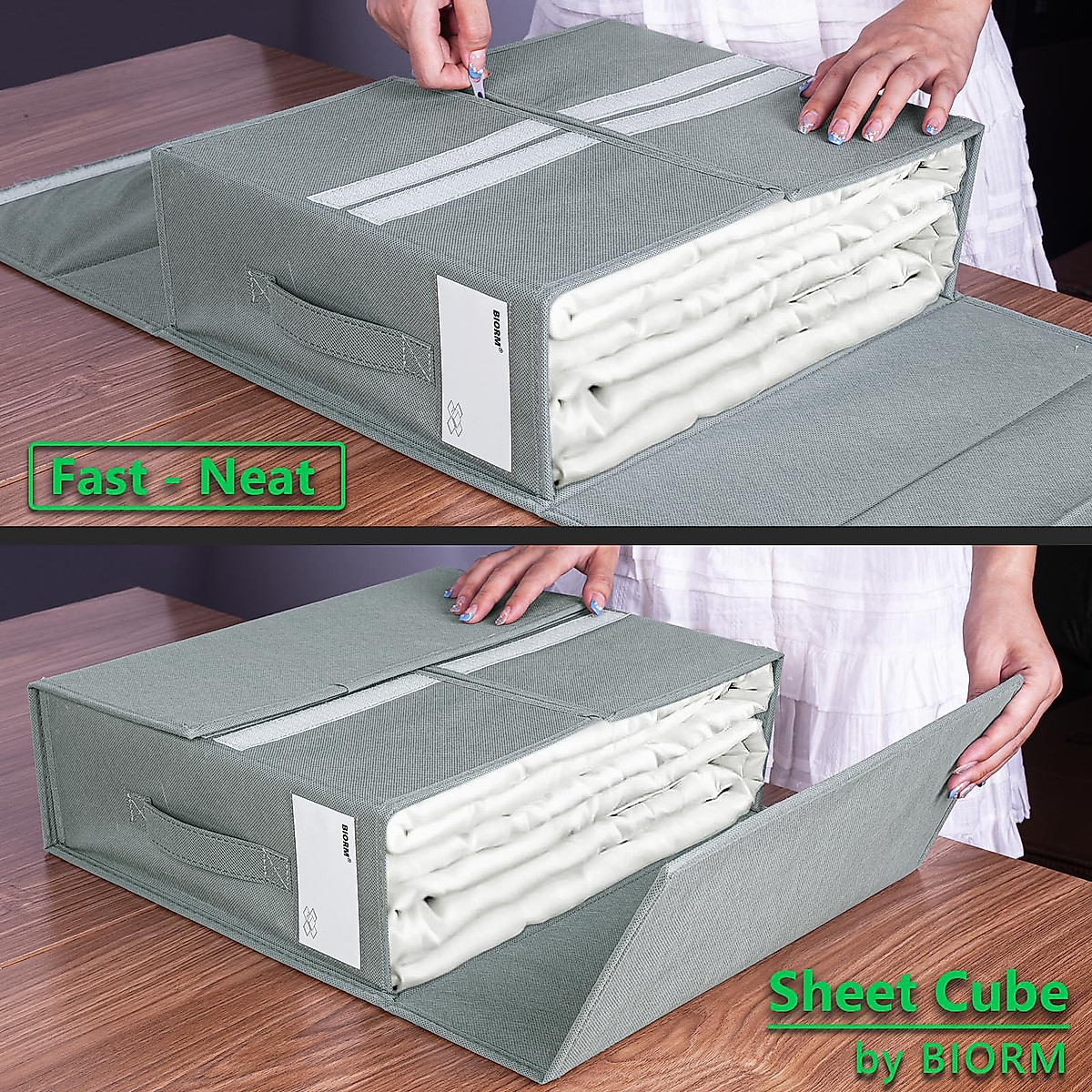 BIORM Bed Sheet Set Organizer 4 Pack, Foldable Storage Box for Queen/King Size Duvet Cover Set, Grey Linen Closet Organizer for Bed Sheets, Duvet Covers and Pillowcases