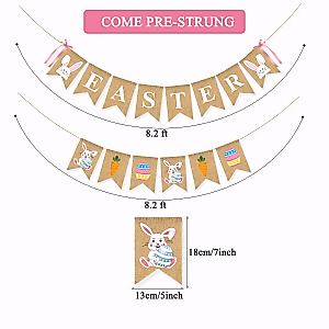 JOZON Easter Burlap Banner and Bunny Easter Eggs Carrot Burlap Banner Easter Banner Garland with Bunny Rabbit Signs and Bows Easter Decorations Party Decor for Easter Spring Party Supplies