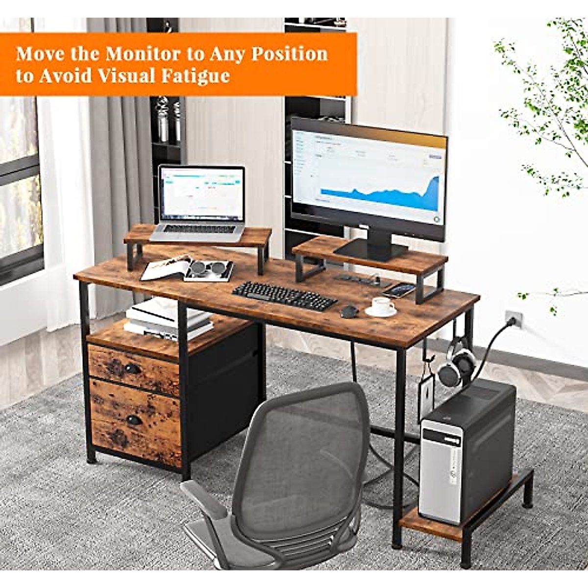 Furologee Computer Desk with Drawer and Power Outlets, 47" Office Desk with 2 Monitor Stands and Fabric File Cabinet, Writing Gaming Table with Shelves and 2 Hooks for Home Office, Rustic Brown