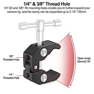 Toolour Magic Arm Camera Mounts Clamps w/ 1/4" and 3/8" Thread, 19.7” Adjustable Friction Power Articulating Arm with 2.6" Super Clamp for LCD Monitor/LED Light/Camera Video Rig/Smartphone