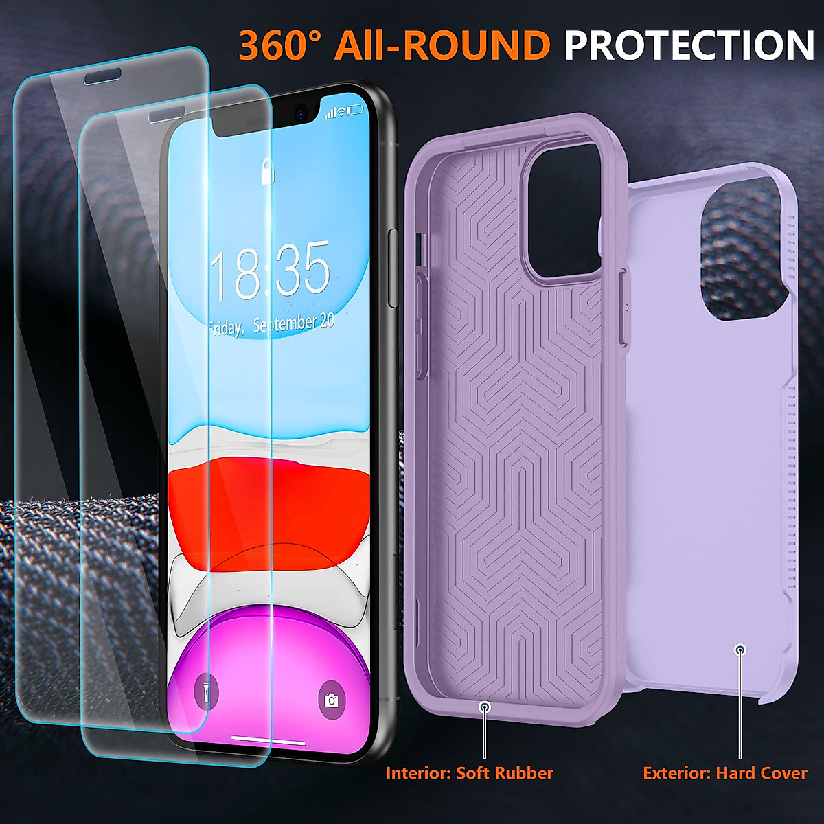 SPIDERCASE Shockproof for iPhone 11 Case,[10 FT Military Grade Drop Protection],with 2 pcs[Tempered Glass Screen Protector+Camera Lens Protector] Heavy Duty Full-Body Protective Phone Case，Purple