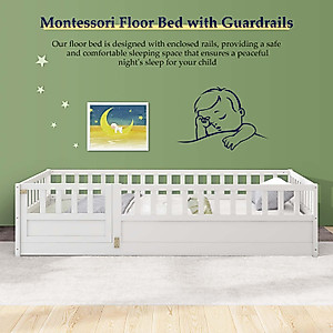 Tatub Twin Floor Bed with Elevated Safety Guardrails and Door, Montessori Floor Bed for Kids, Wood Kids Floor Beds Frame, Twin-White