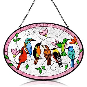 Huray Rayho Birds On A Branch Stained Glass Ornament, 9.5''x6.7'' Cardinal Hummingbird Suncatcher Hand-Painted Double Side Glass Panel Window Hanging Decor Bird Lover Gift for Mom, Grandma, Teacher