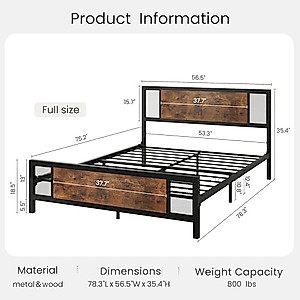 LARMACE Full Size Bed Frame Wooden Platform Bed with Headboard and Footboard Industrial Bed Frame with Metal Slats Support, No Box Spring Needed, Rustic Brown