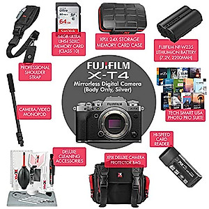 Fujifilm X-T4 Mirrorless Digital Camera (Silver) with 64GB Memory Card, Essential Accessories, and Professional Photo and Video Editing Software Bundle