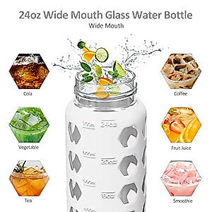 MUKOKO 32oz Glass Water Bottles with 2 Lids-Handle Spout Lid&Bamboo Straw Lid, Motivational Water Tumbler with Time Marker Reminder and Silicone Sleeve, Leakproof-White-1 Pack