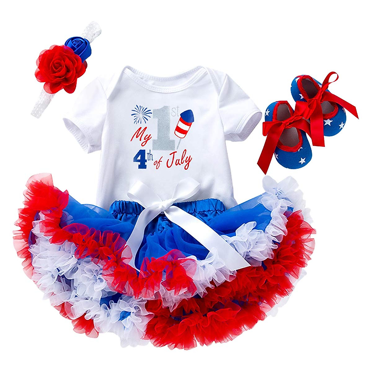 4th of July Baby Girl Outfit American Flag Romper + Ruffle Tulle Tutu Skirt + Flower Headband + Shoes Toddler 1st Birthday Unicorn Dress Independence Day Patriotic Party Clothes 4pcs Set White 0-3M