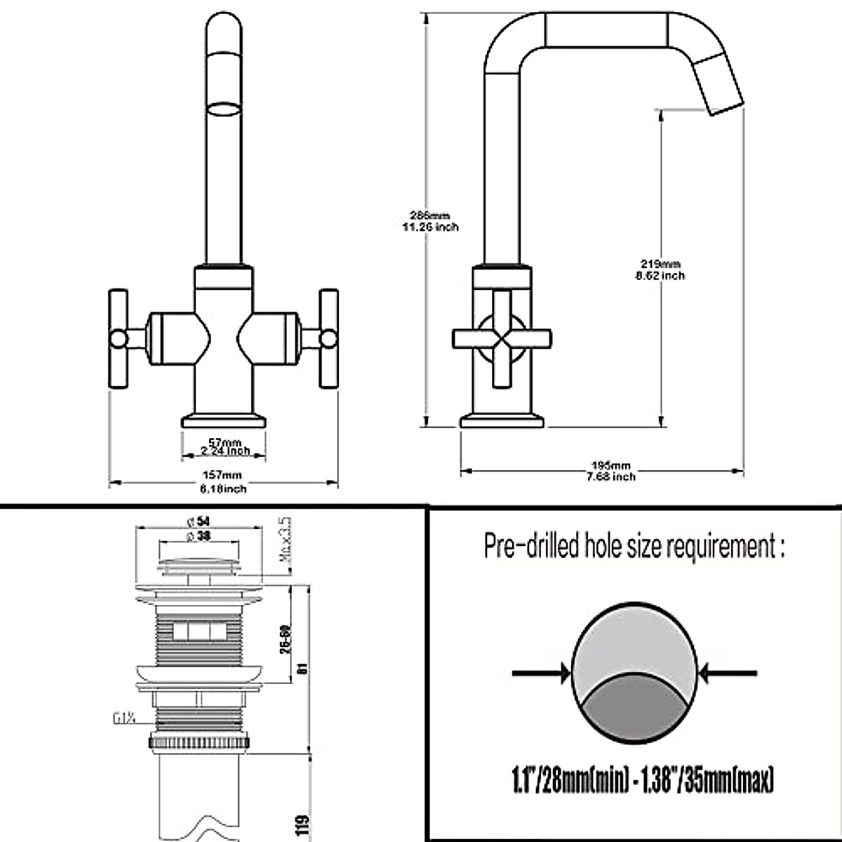 Phiestina Brushed Gold 2-Handle 4 Inch Centerset Bathroom Faucet with Drain,Deck Plate and Supply Hoses, Fit for 1 or 3 Hole, SGF002-10-BG