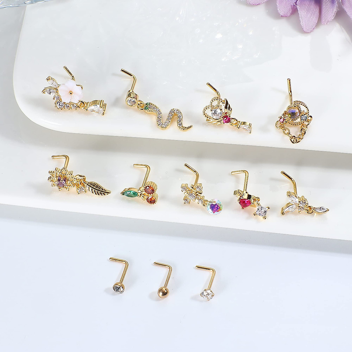 Sanfenly 12Pcs 20G Dangle Nose Studs for Women Stainless Steel L Shaped Nose Studs CZ Cherry Snake Heart Butterfly Flower Moon Dangling Nose Piercing Jewelry
