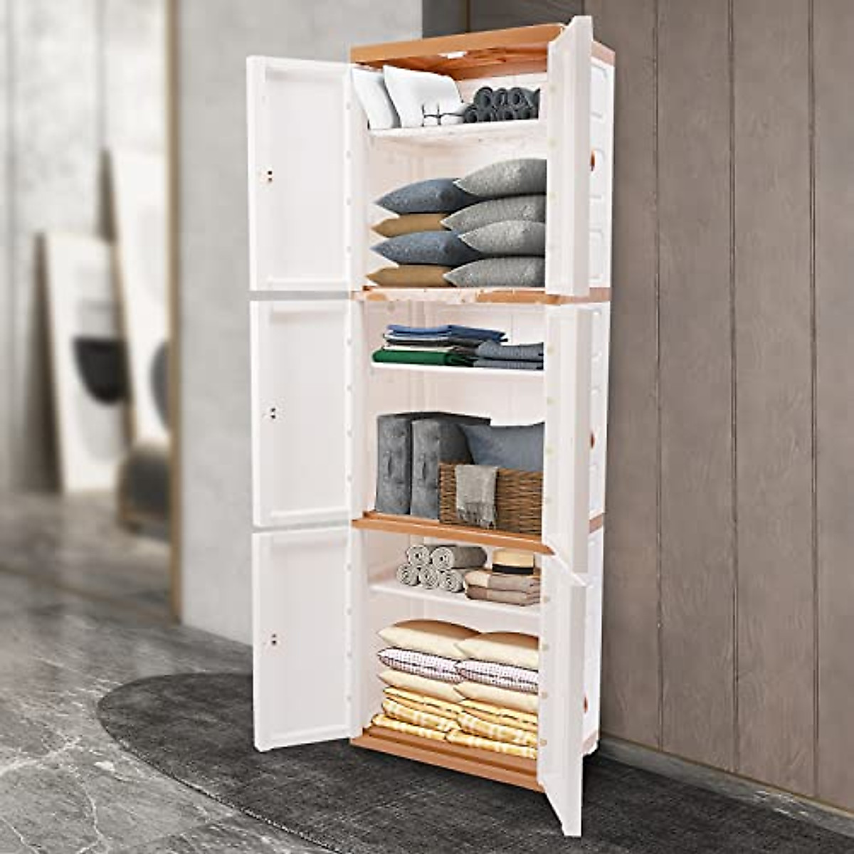 Storage Cabinet with 120 lbs Strong Load-Bearing Capacity, Khaki and White Storage Drawer Units, Plastic Storage Dressers for Tool and Home Organization, 19.7" Lx12.2 Dx61 H