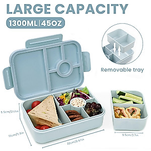 Bugucat Bento Box Adult Lunch Box, 1300Ml/45OZ Leak-Proof Lunch Box with 4 Compartments Cutlery Sauce Container, Lunch containers for Adults/Kids/Toddler Suitable for School
