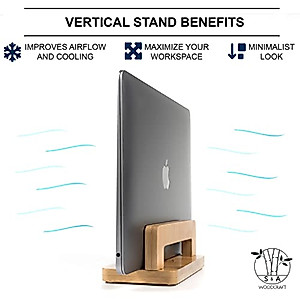 S&A WOODCRAFT Bamboo Vertical Laptop Stand, Adjustable Wooden Laptop Holder, Non-Slip Laptop Dock Compatible with Apple MacBook, Microsoft Surface, Gaming Laptops, IPad, Tablets