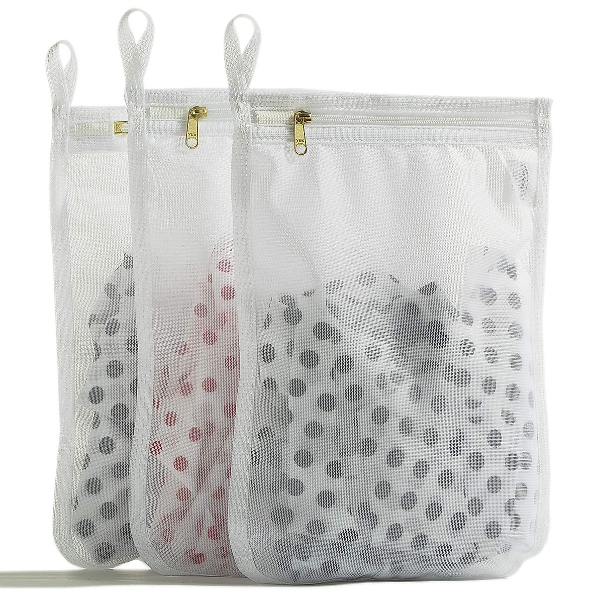 TENRAI Delicates Laundry Bags, Bra Fine Mesh Wash Bag for Underwear, Lingerie, Bra, Pantyhose, Socks, Use YKK Zipper, Have Hanger Loops, Small Openings (White, 3 Small)